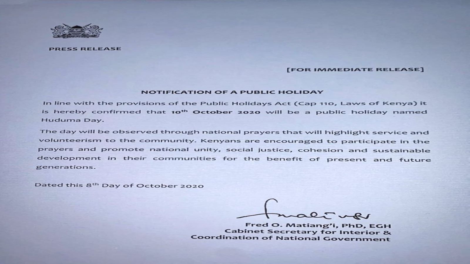 October 10th holiday renamed Huduma Day - Nyanza Daily